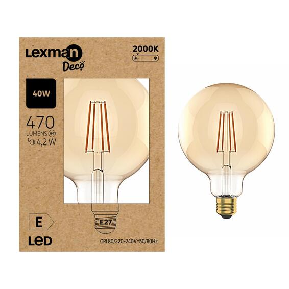 Led filament bulb g125 e27 4.2w 470lm 2000k330d 25000h amber cb lexman ...